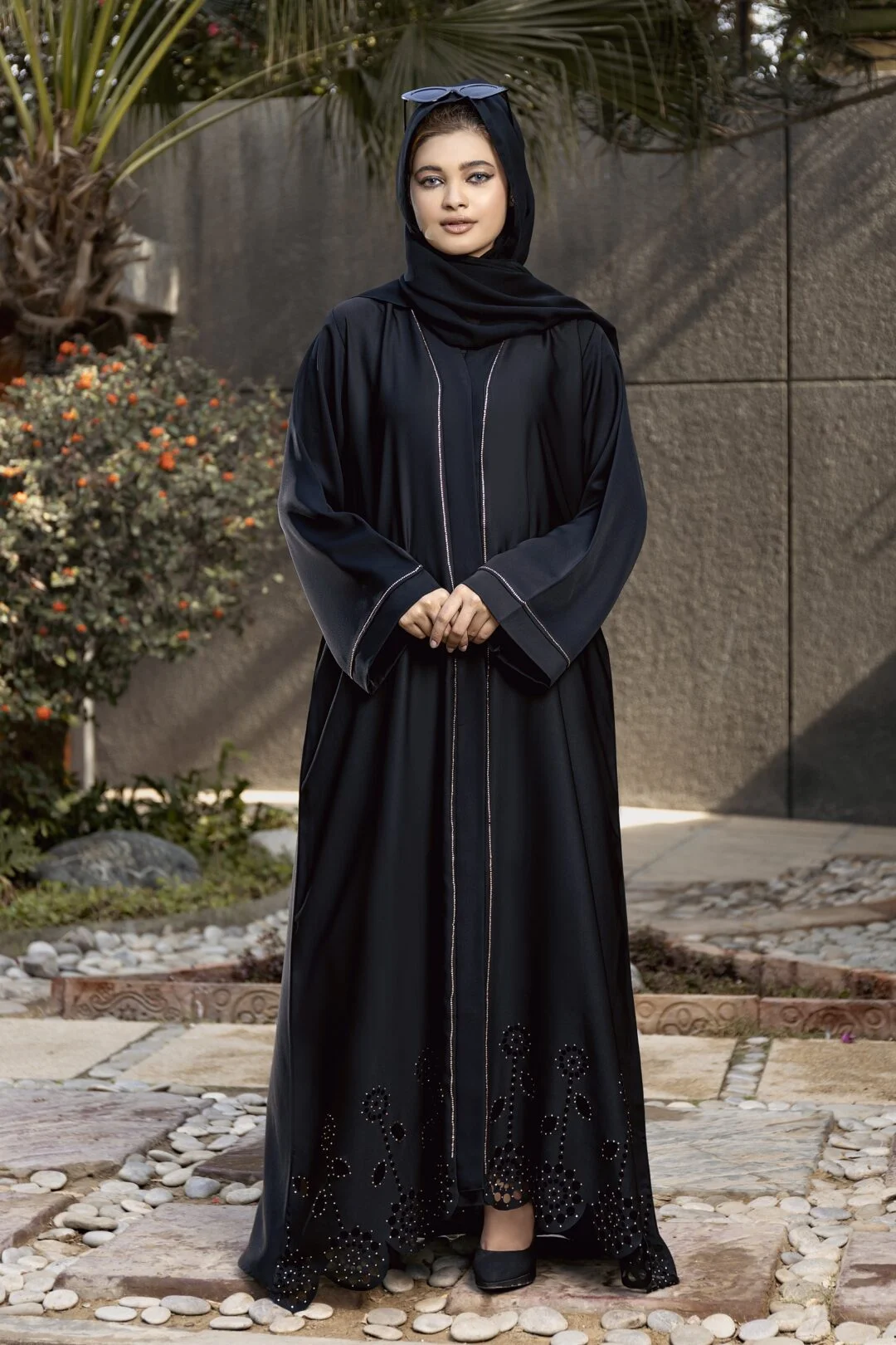 Emma Cutwork Abaya with Stones,Black Korean Nidah | Al Sanaya