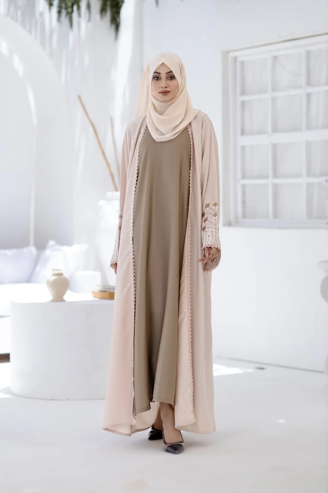 Cream abaya Front open with hijab-Al Sanaya