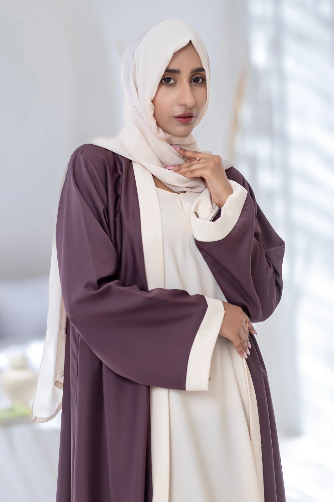 Maya Plum And Cream Combination Abaya | Al Sanaya